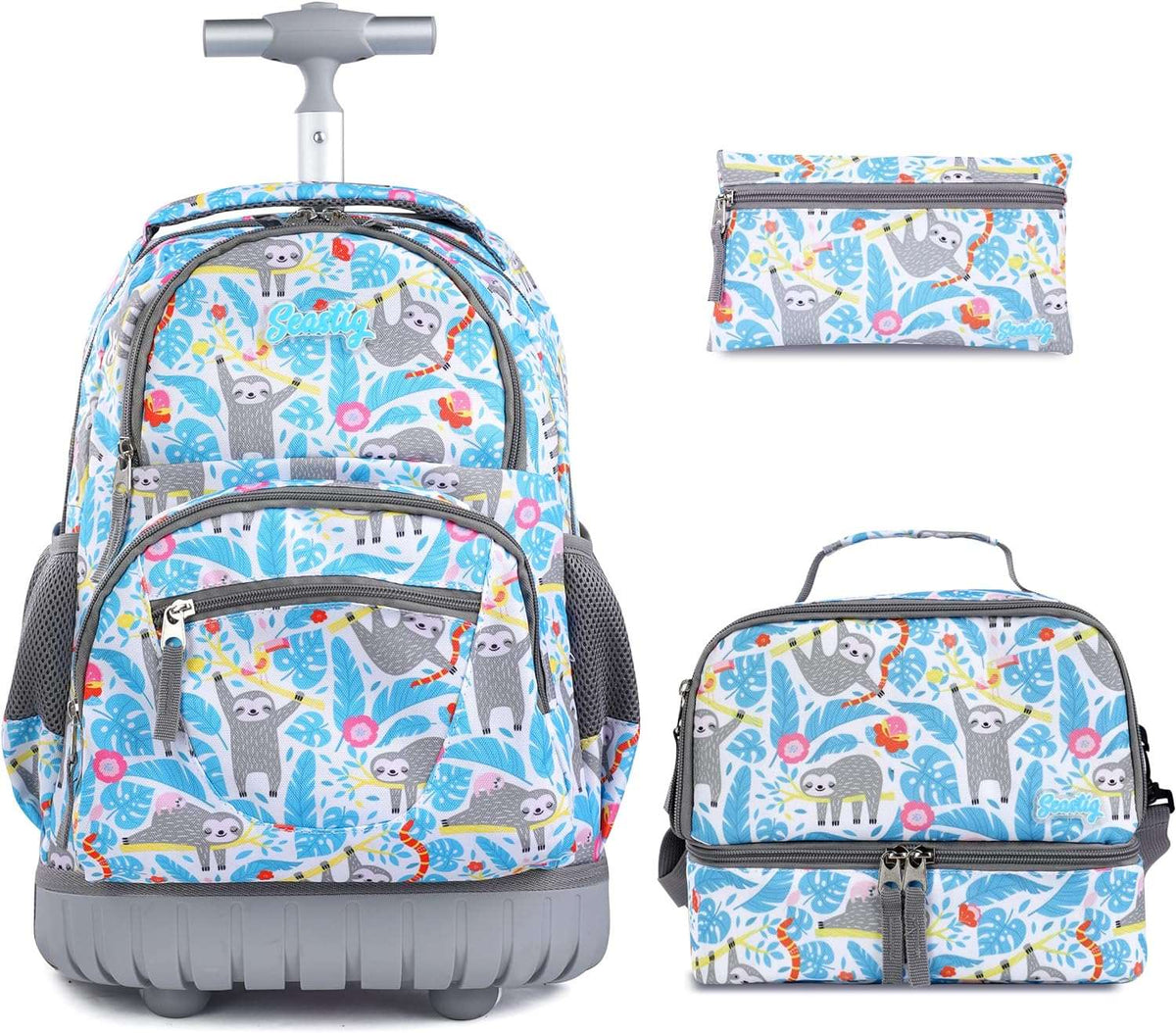 seastig Blue Sloth Rolling Backpack 16 inch with Lunch Bag & Pencil Ca ...