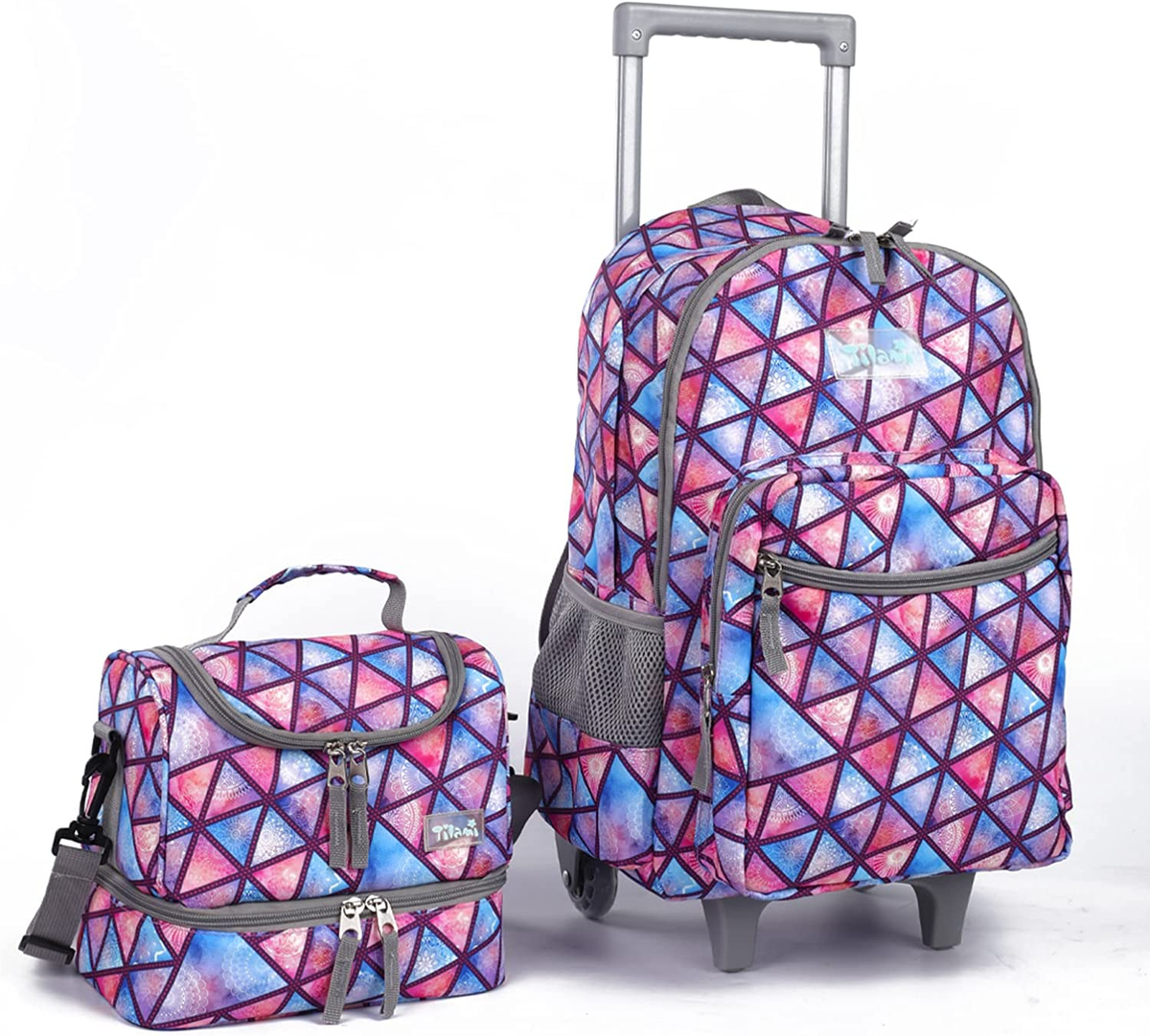 Girls Triangle Pink Rolling Backpack with Lunch Box | Tilami – Tilamionline