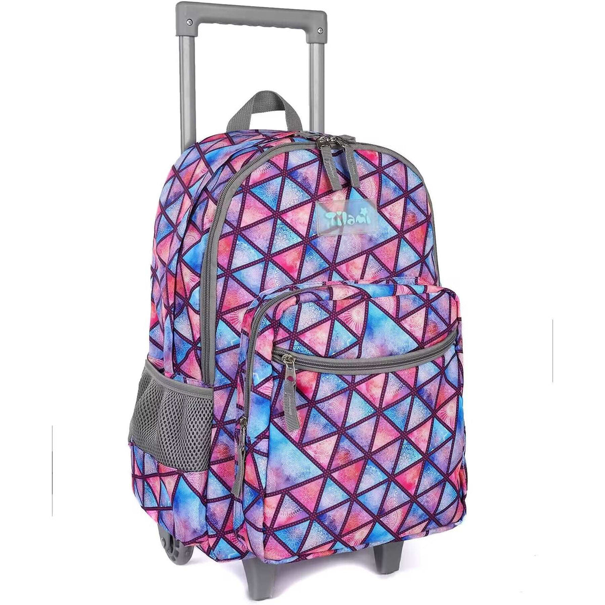 Girls Triangle Pink Double Handle Rolling Backpack | Tilami – Tilamionline